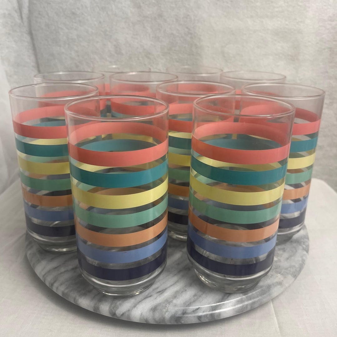 10 Vintage Libbey Streamers Pastel Multi Color Striped Glass Tumblers ...