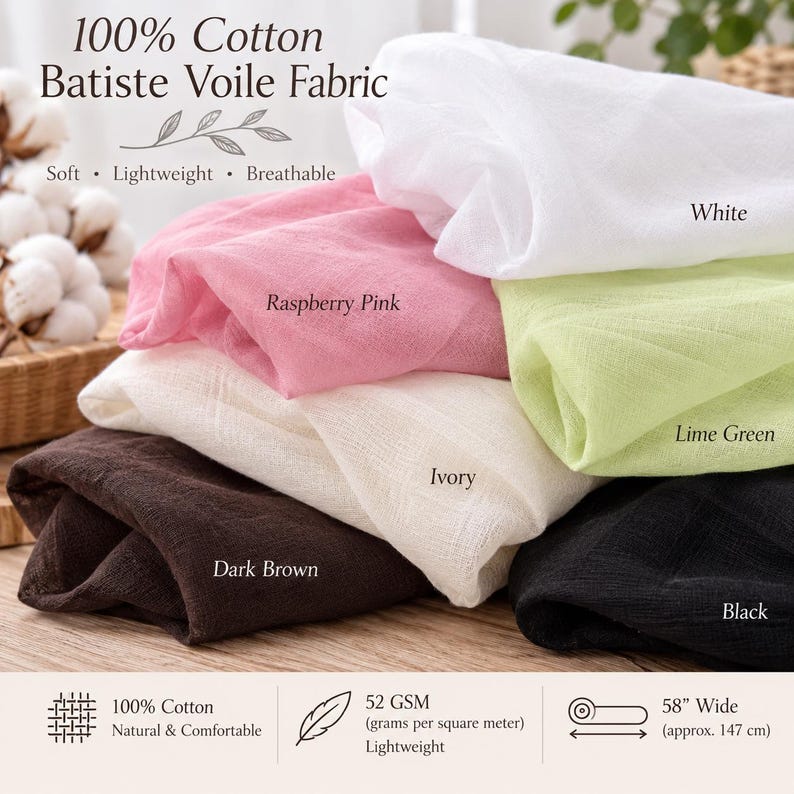100% Cotton Batiste Voile Fabric, Lightweight Semi Sheer Cotton, 58 ...