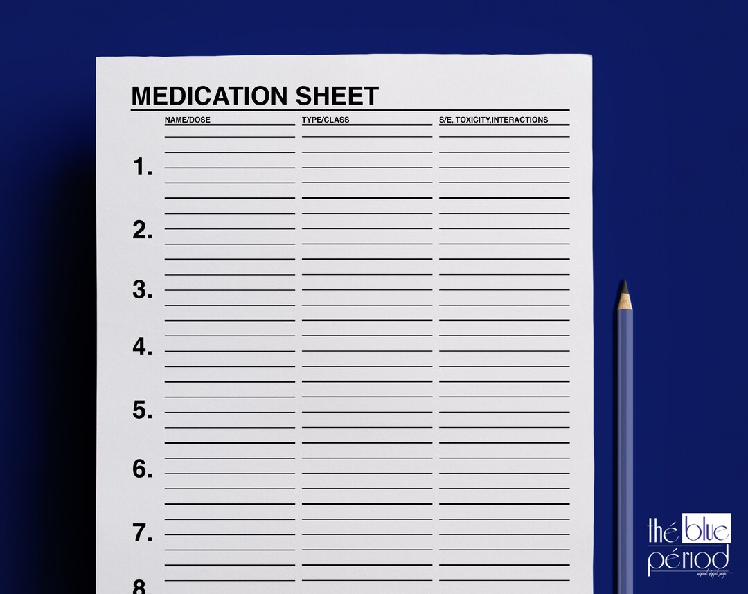 Printable Medication Sheet 10 Medications Sheet - Etsy