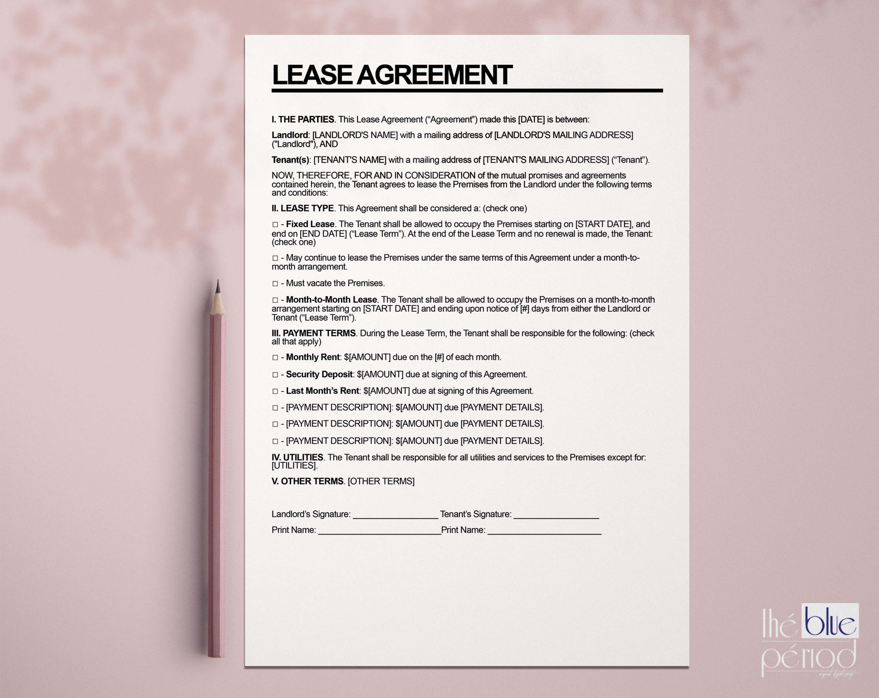 Editable Single Page Lease Agreement - Etsy