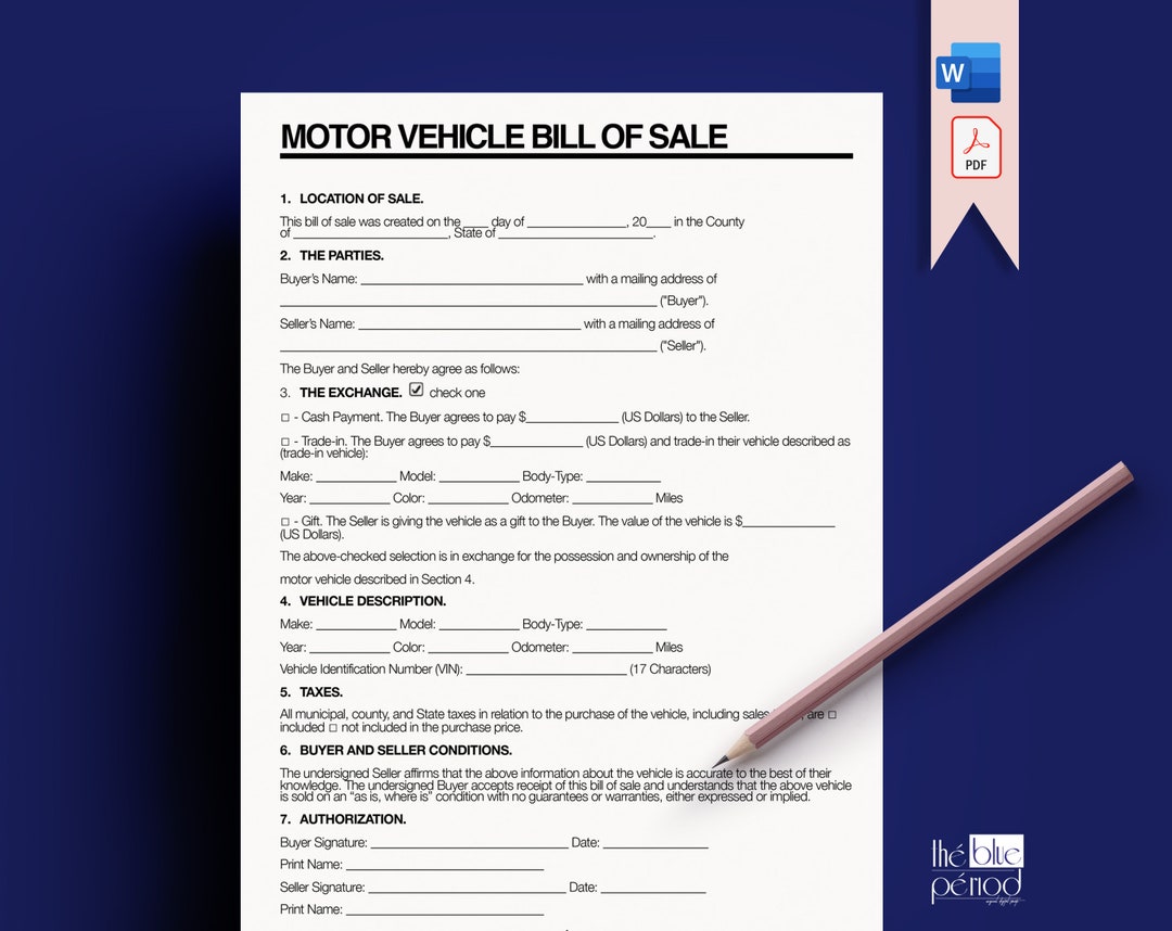 Editable Motor Vehicle Bill of Document Template (PDF & Word Format A4 ...