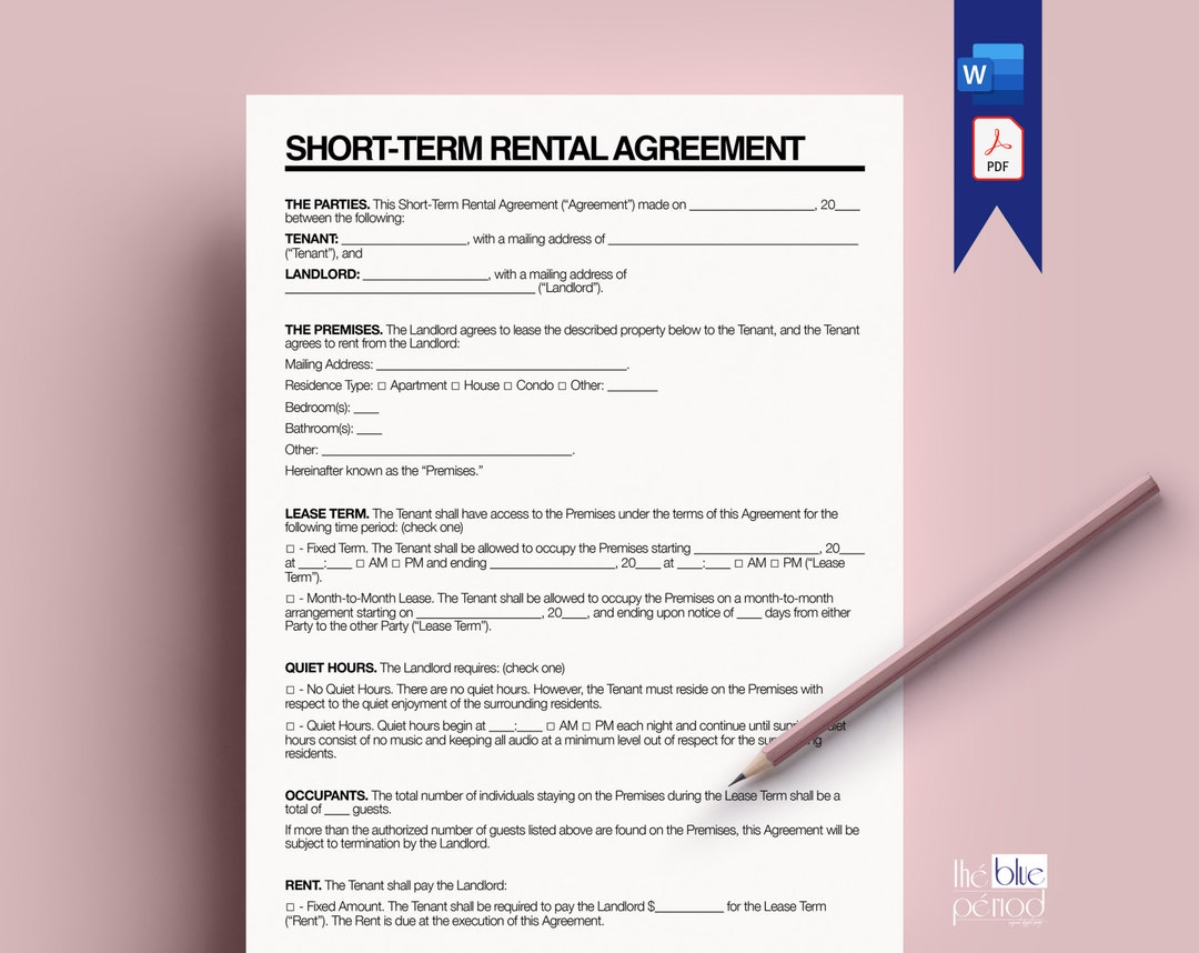 Printable Short Term Rental Agreement - Etsy