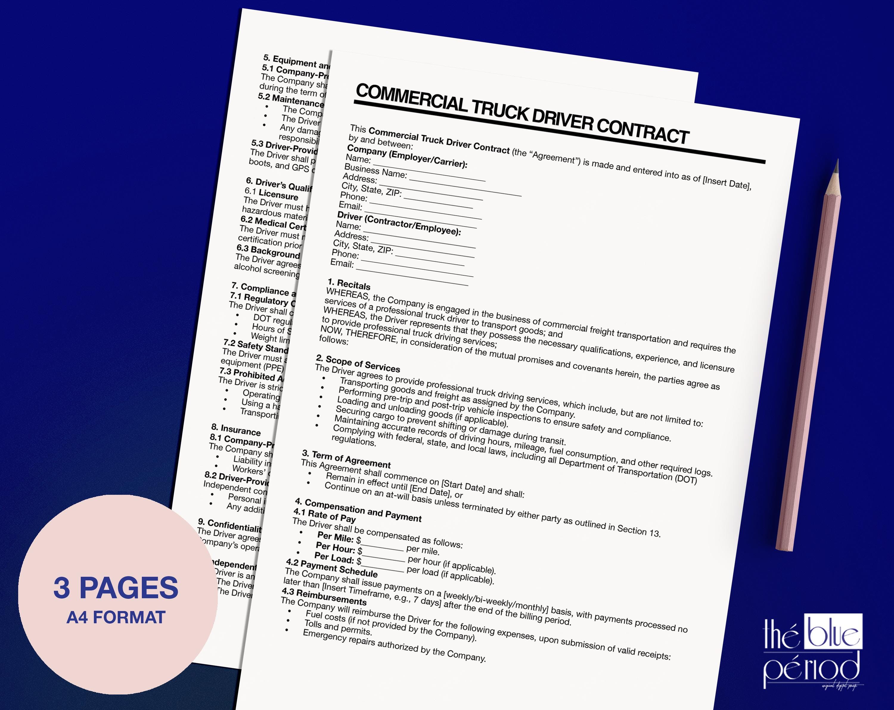 Editable Commercial Truck Driver Contract Template - Etsy