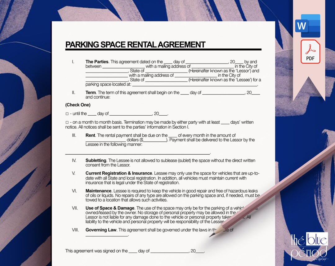 Editable Parking Space Rental Agreement - Etsy