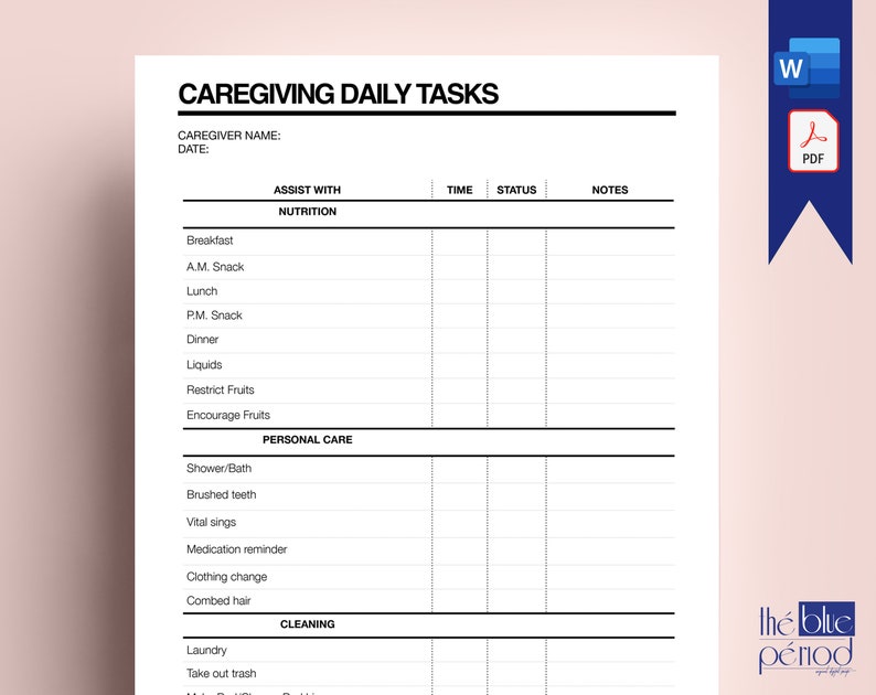 Editable Caregiving Daily Tasks Template, In-home Caregiver Tasks ...