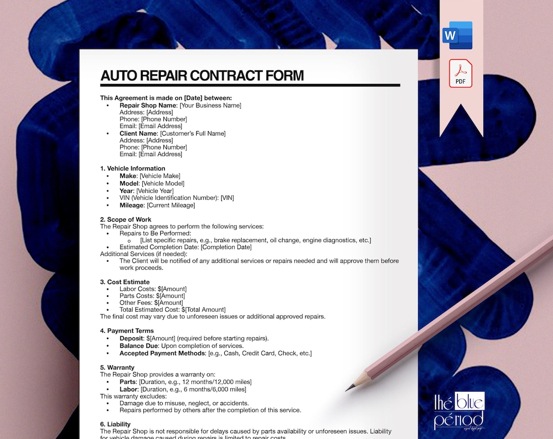 Auto Repair Contract Form + Auto Repair Invoice - Etsy