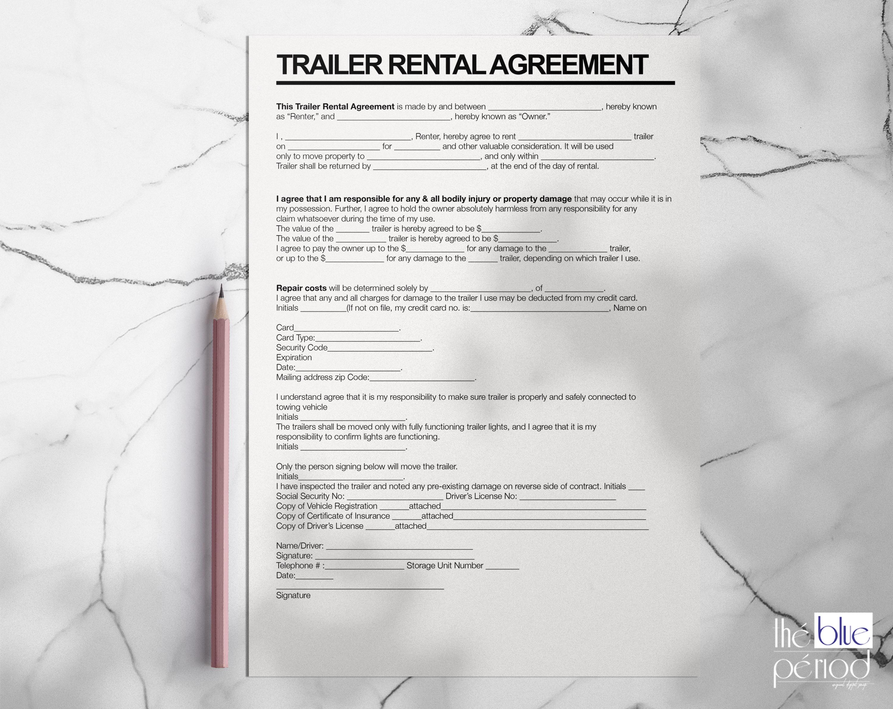 Editable Trailer Rental Agreement: Digital Lease (PDF & Word Format) - Etsy