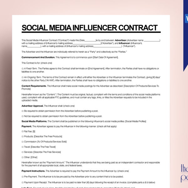 Social Media Influencer Contract - Etsy