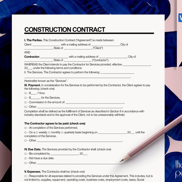 Editable Construction Contract - Etsy