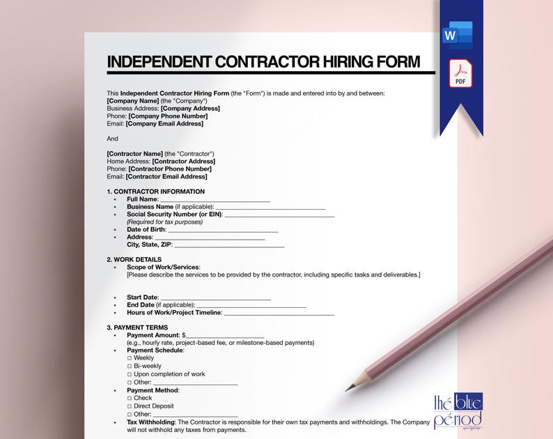 Independent Contractor Hiring Form - Etsy