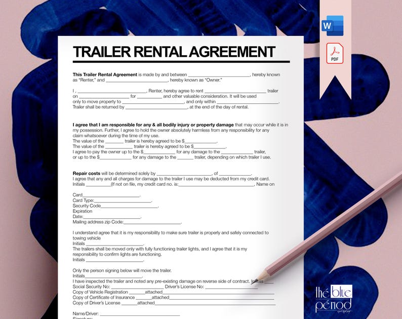 Editable Trailer Rental Agreement: Digital Lease (PDF & Word Format) - Etsy