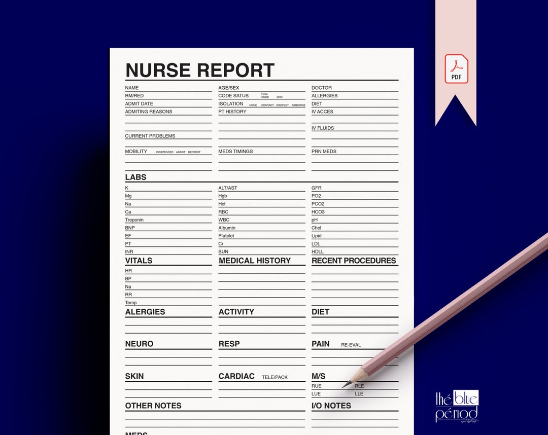 One Patient Full Nurse Report Sheet Template - Etsy