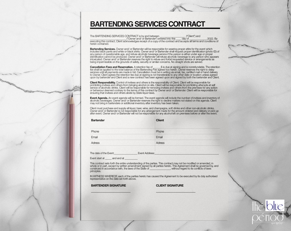 Editable Bartending Services Contract - Etsy