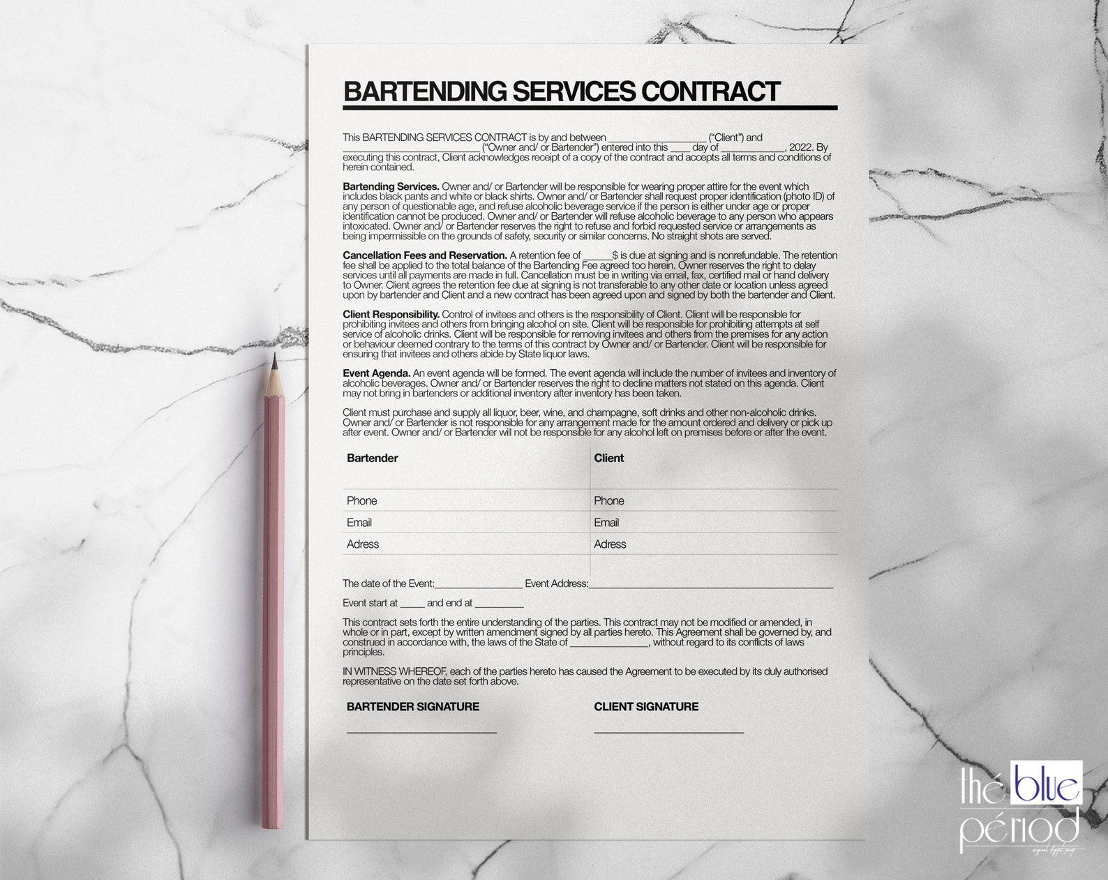 Editable Bartending Services Contract - Etsy