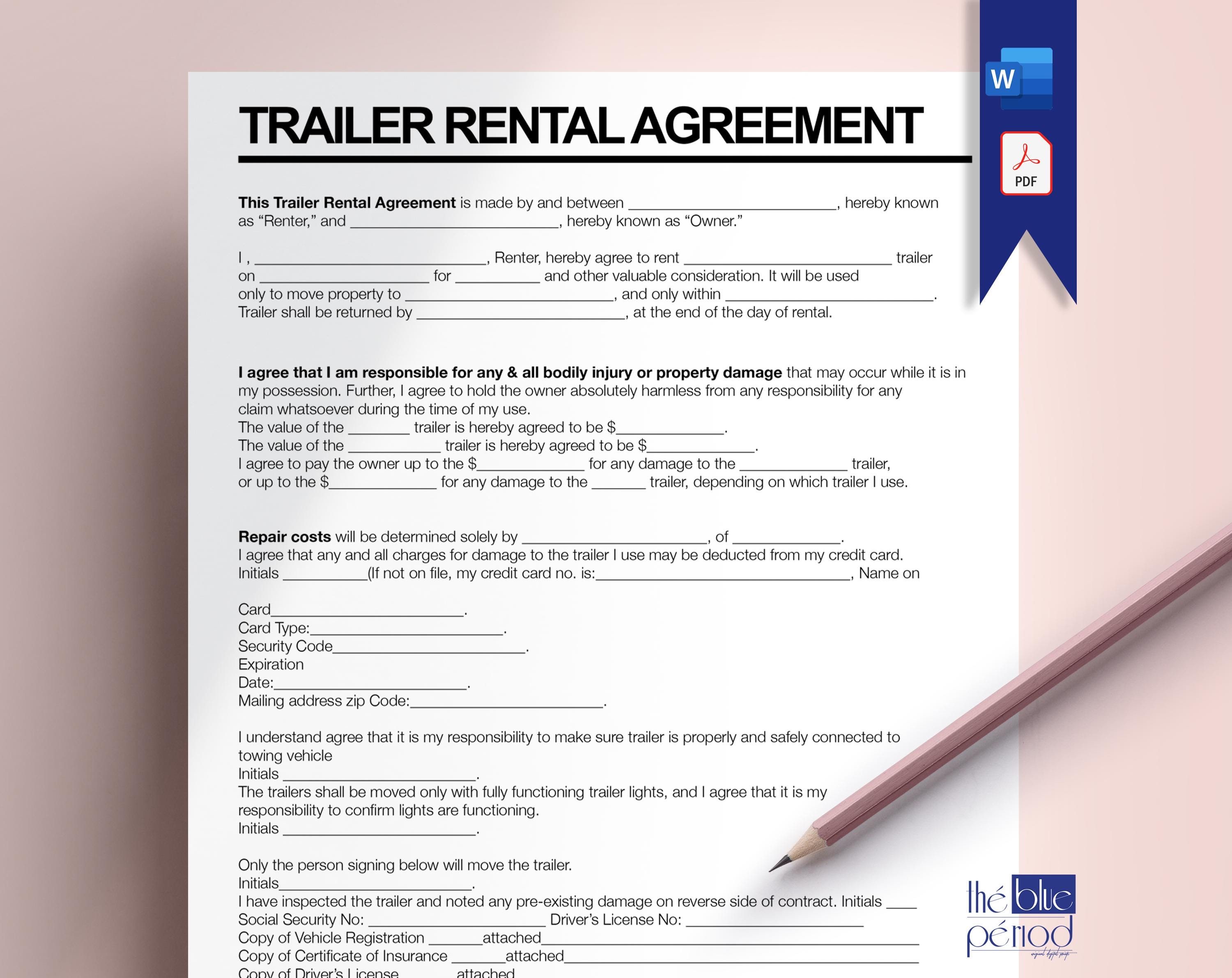 Editable Trailer Rental Agreement: Digital Lease (PDF & Word Format) - Etsy