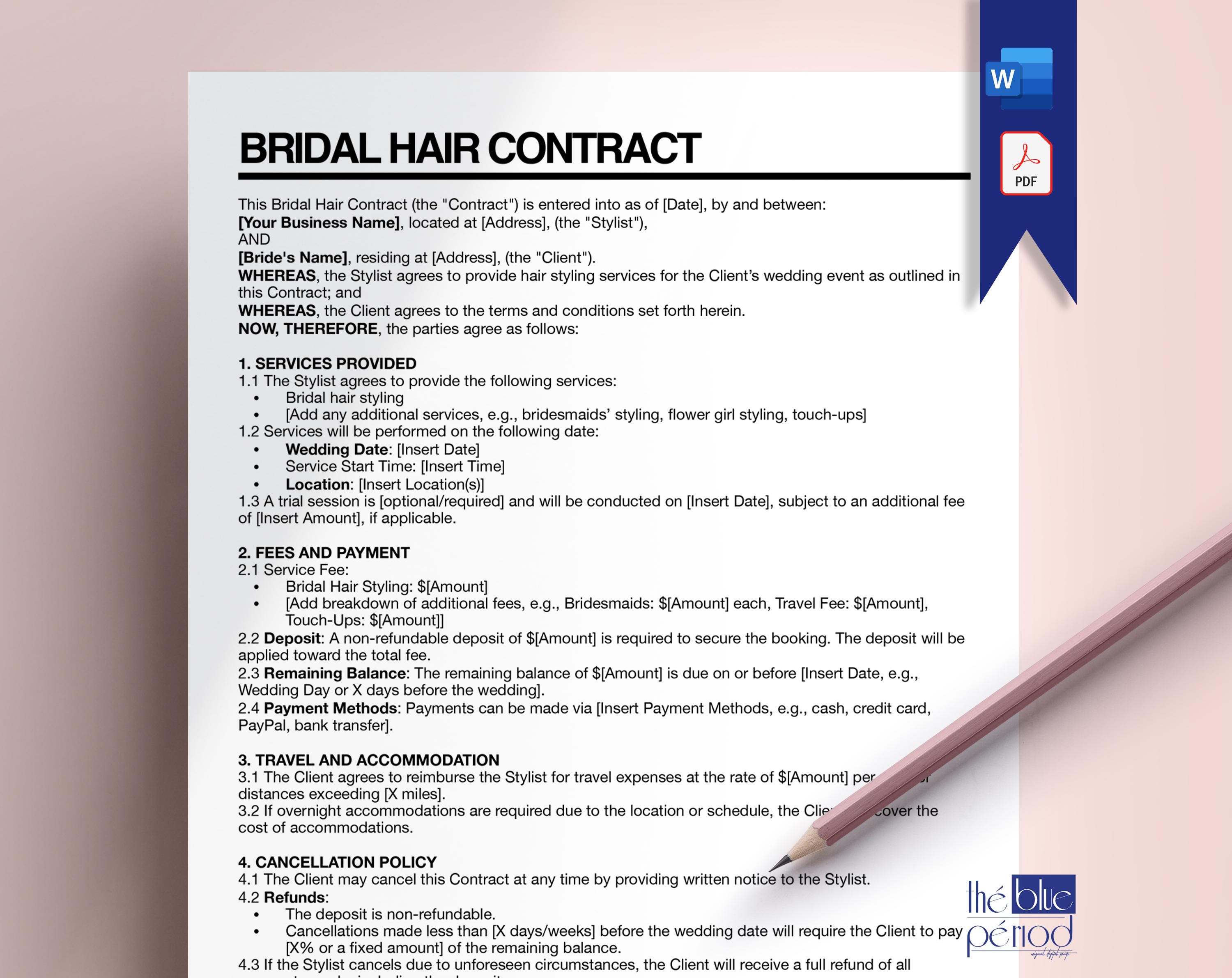 Editable Bridal Hair Contract Template - Etsy