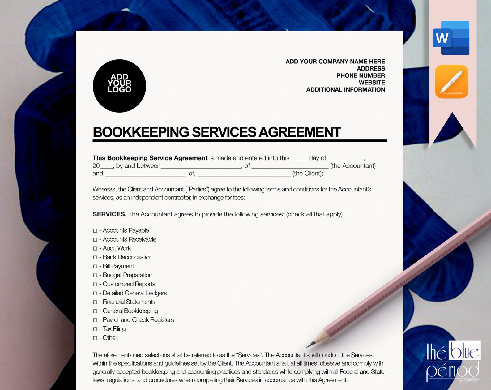 Editable Bookkeeping Services Agreement for Microsoft Word and - Etsy