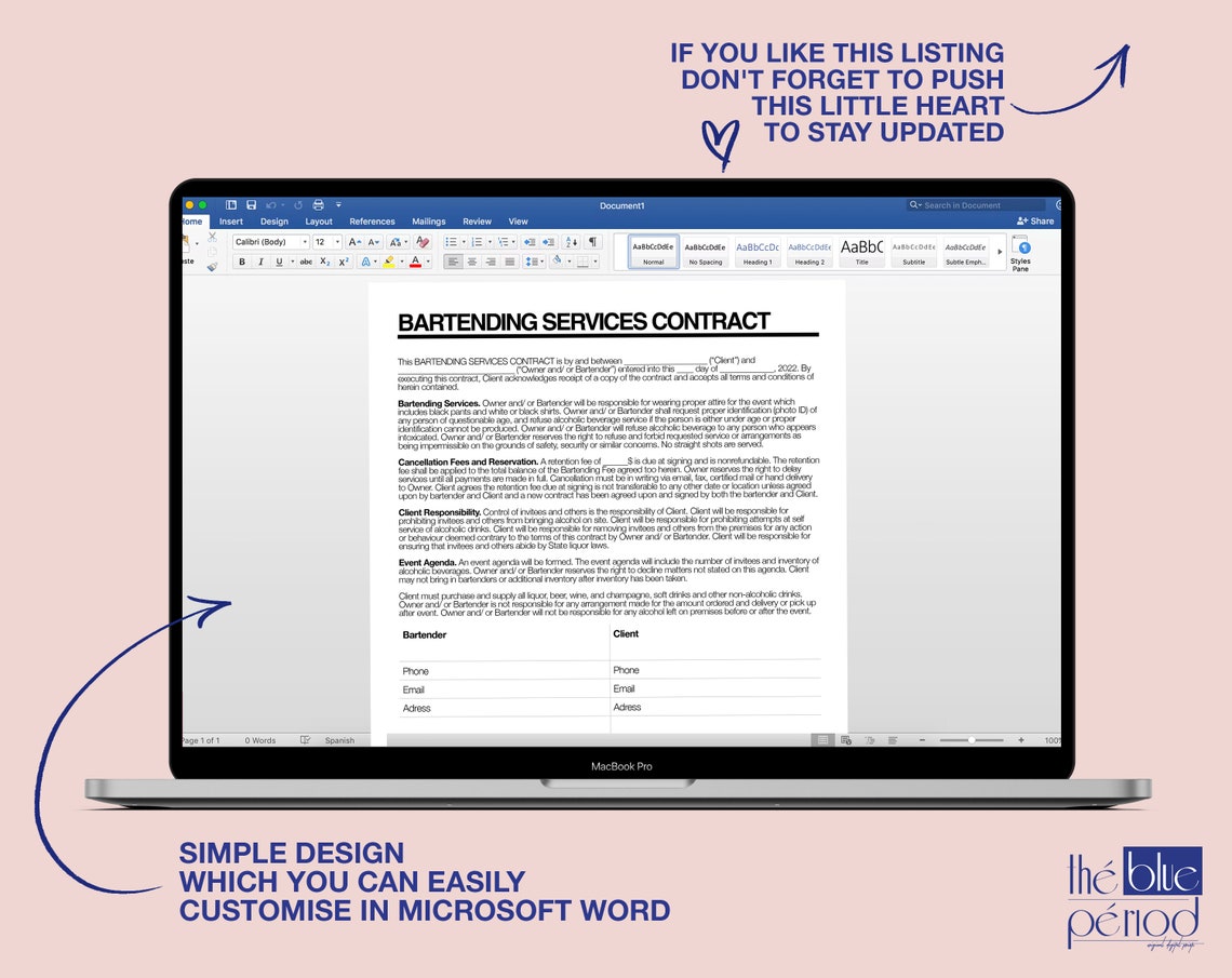 Editable Bartending Services Contract - Etsy