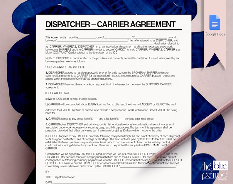 Editable Freight Dispatch Carrier Agreement Google Doc - Etsy