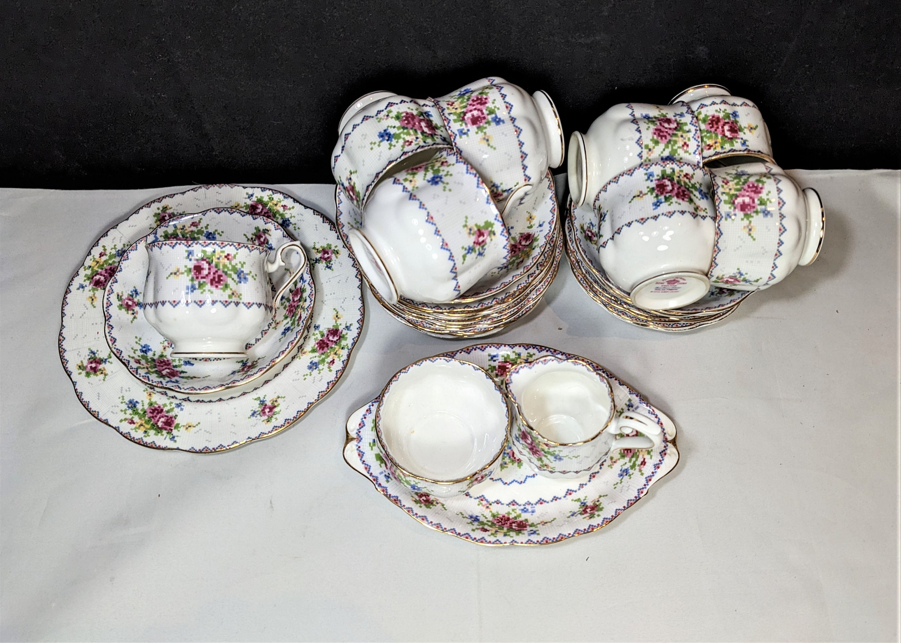 Petit Point 30 Pce Cups Saucers Cream Sugar Tray Plate - Etsy