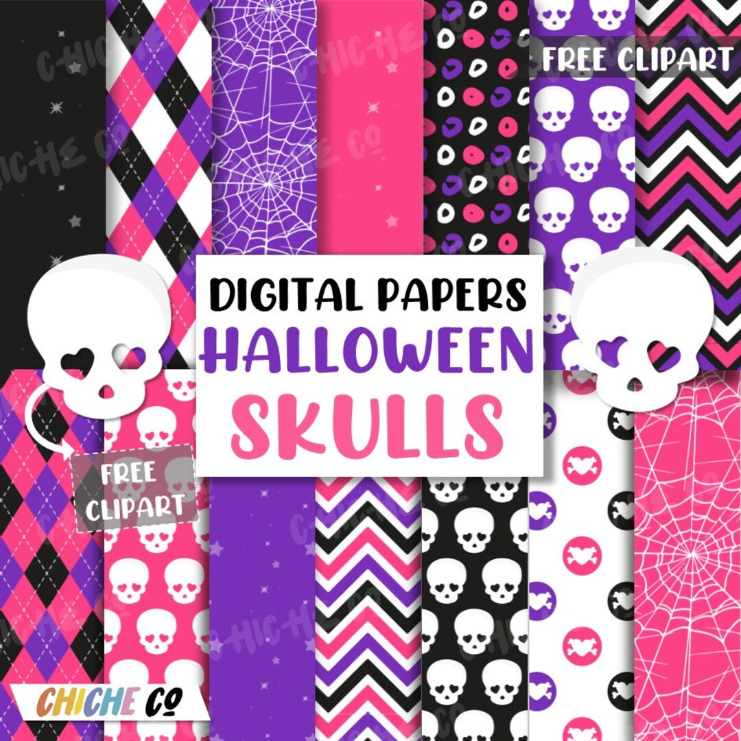 Pink and Purple Halloween Skulls Digital Papers Scrapbook - Etsy