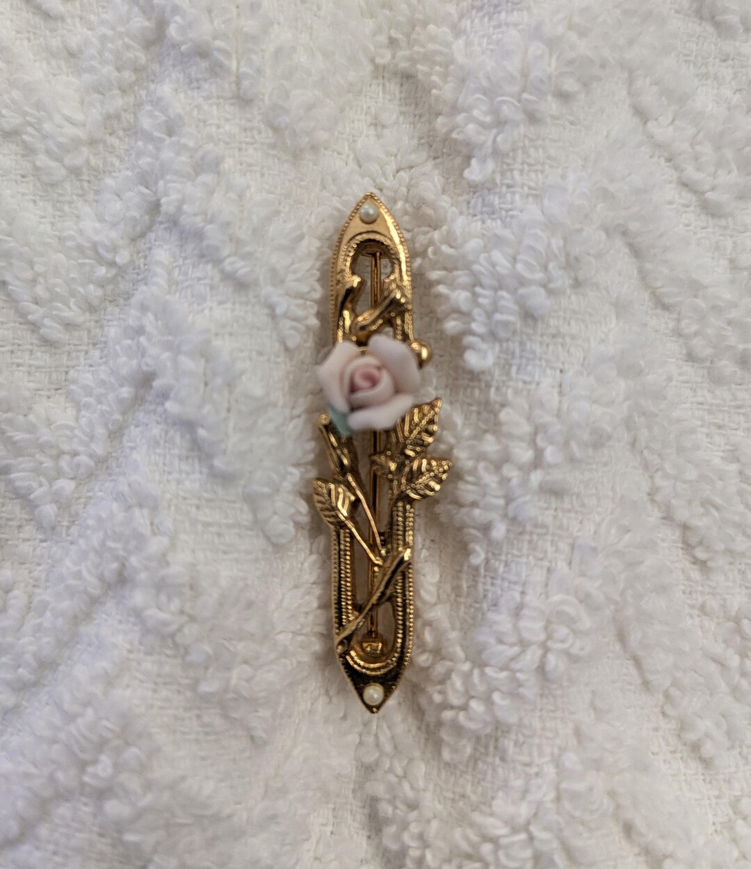 Vintage Gold Toned Pink Rose Brooch Bar Pin - Etsy