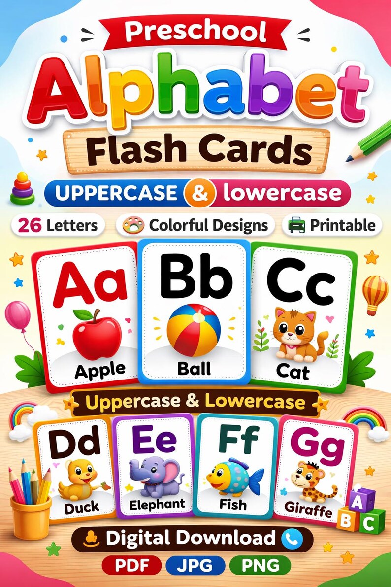 Preschool Alphabet Flash Cards: Uppercase, Lowercase Abcs (digital ...