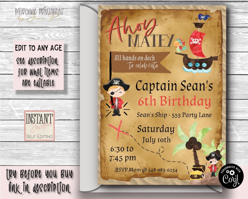 Pirate Birthday Invitation Treasure Map Party Printable | Etsy