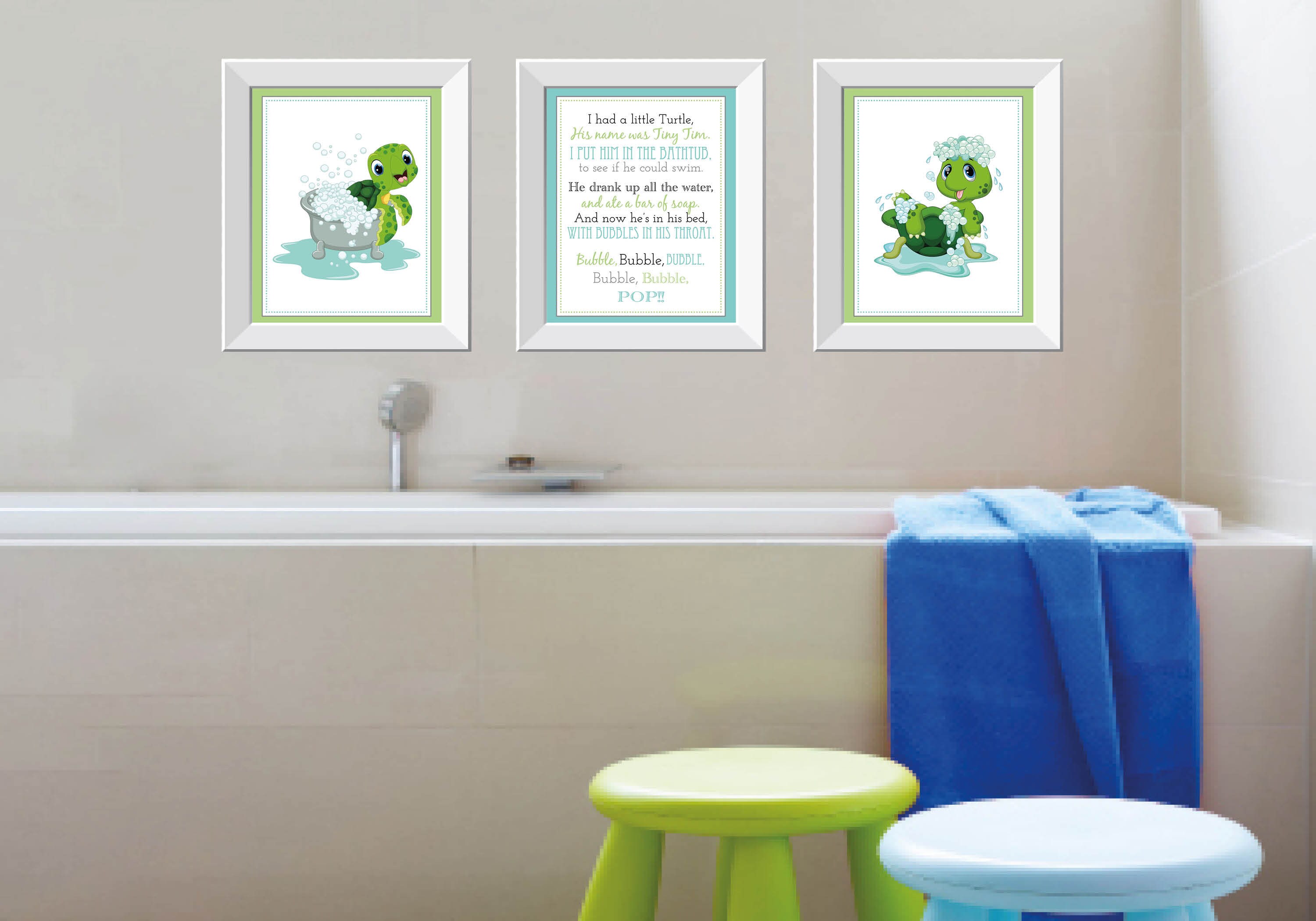 Turtle Bathroom Wall Decor, Kids Bathroom, "tiny Tim", Set of 3, Green ...