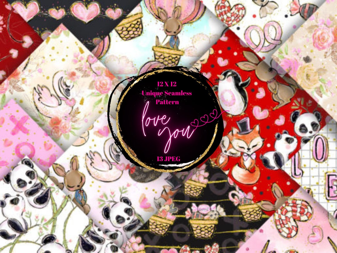 VALENTINE DIGITAL PAPER Pack, Cute Panda Love Scrapbook Paper, Xoxo ...