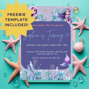 Mermaid Under the Sea Invitation | Editable 5x7 Canva Template | Purple ...