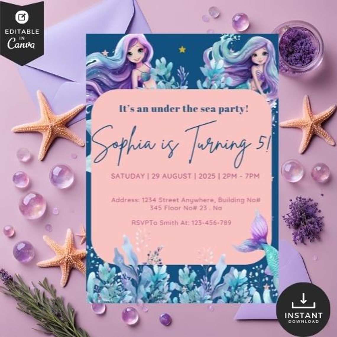 Mermaid Under the Sea Invitation | Editable 5x7 Canva Template | Purple ...