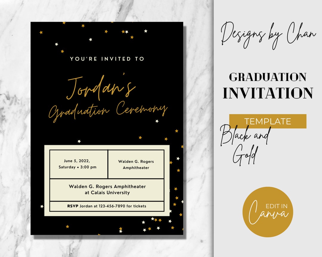 Editable Black and Gold Graduation Invitation Template Digital and ...