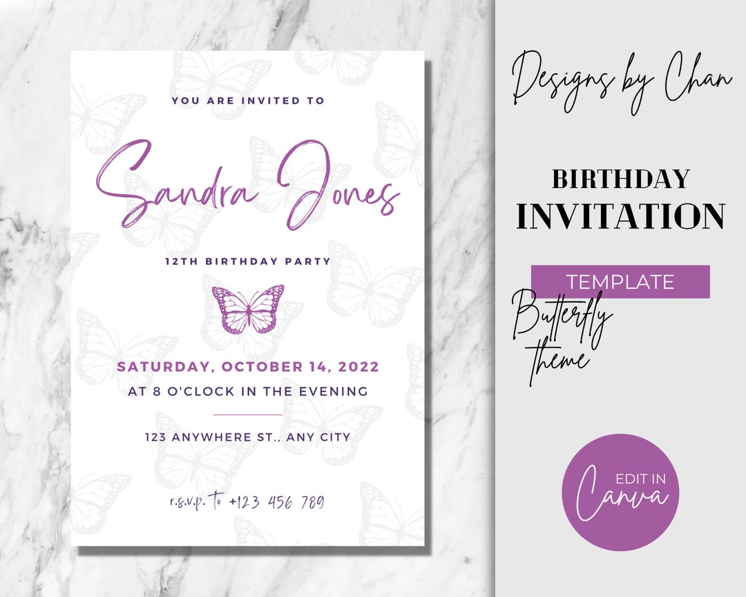 Editable Purple Butterfly Party Invitation Template | Digital and ...