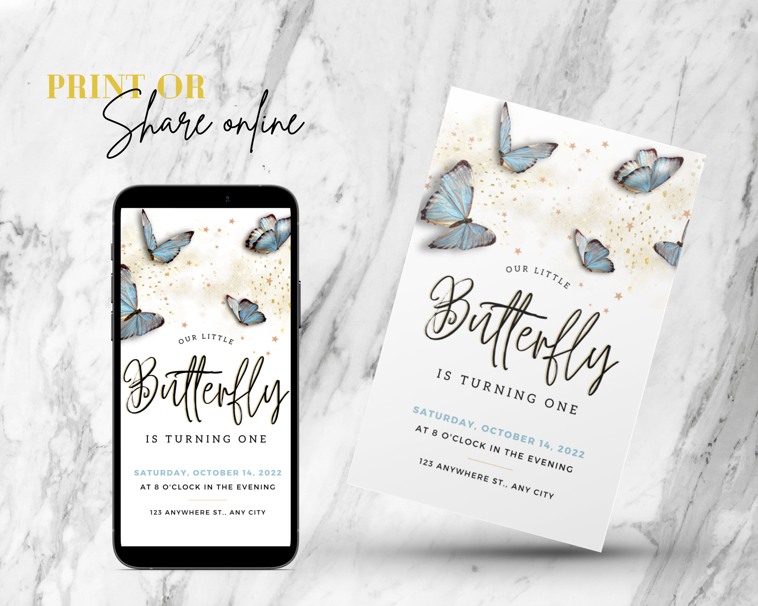 Editable Gold Butterfly Party Invitation Template | Digital and ...