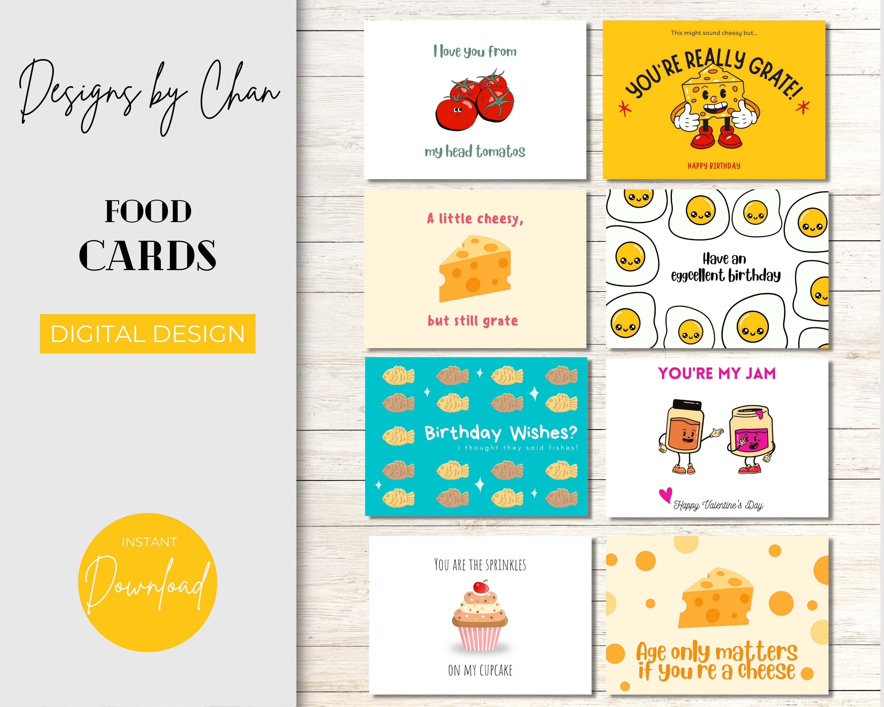 Funny Food Greeting Cards Set of 8 PRINTABLES Digital Card Postcards ...