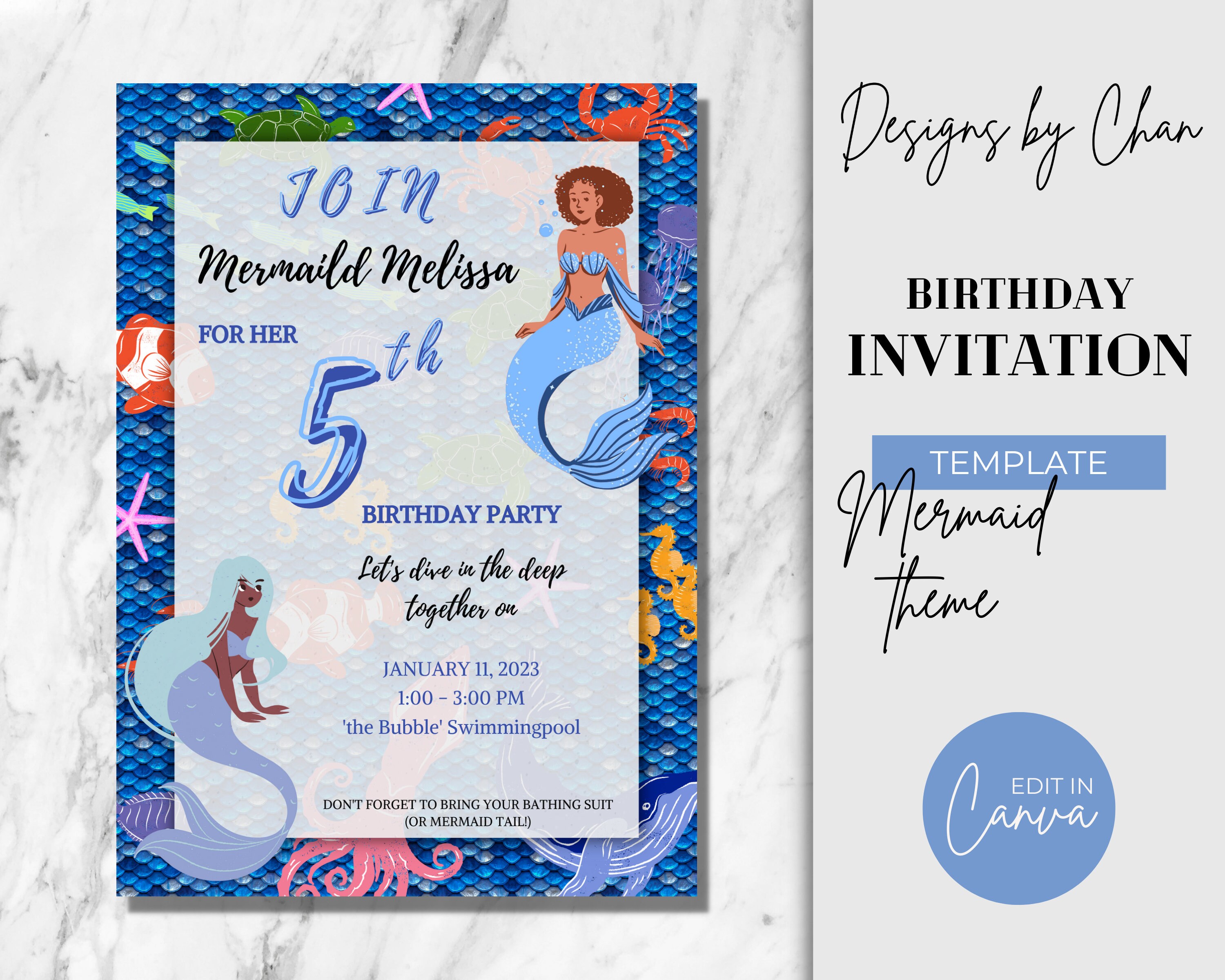 Editable Mermaid Party Invitation Template Digital and Printable ...