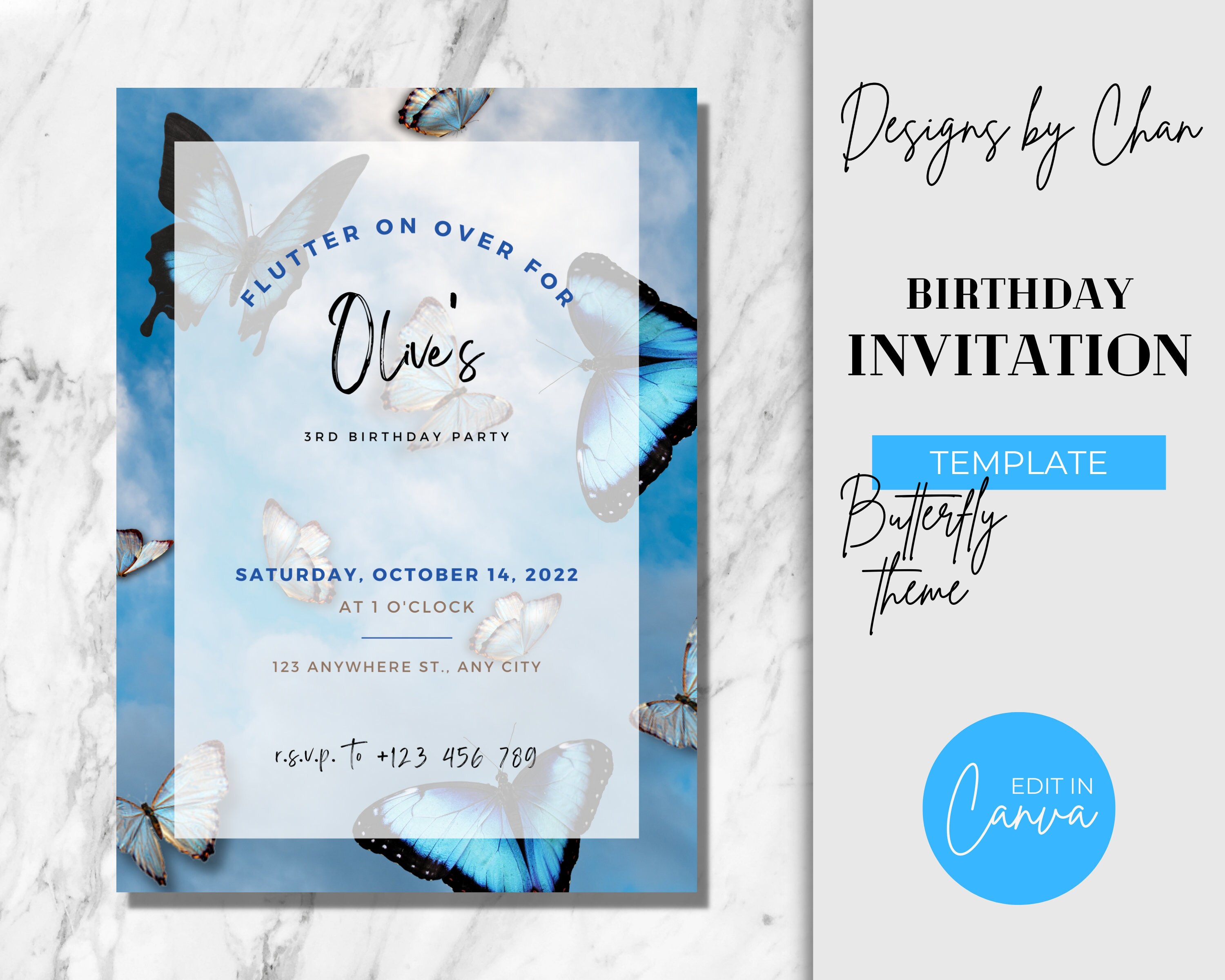 Editable Blue Butterfly Party Invitation Template Digital - Etsy