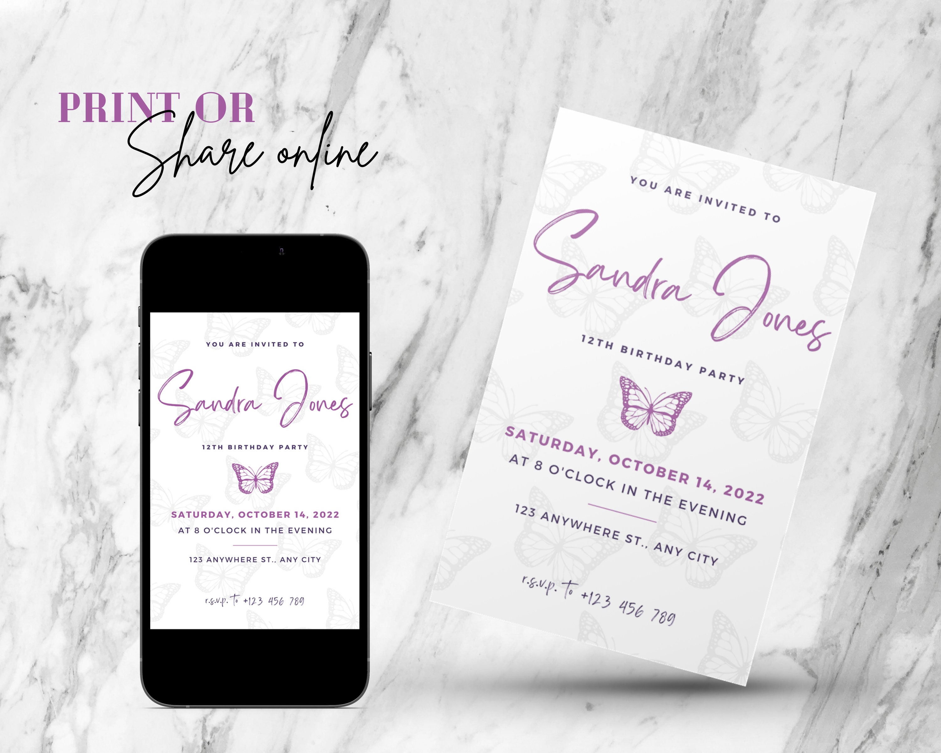 Editable Purple Butterfly Party Invitation Template | Digital and ...
