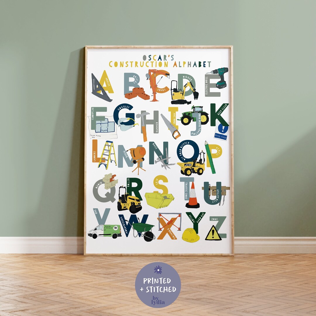 Personalised Construction Alphabet Print Kids Wall Art Construction ...
