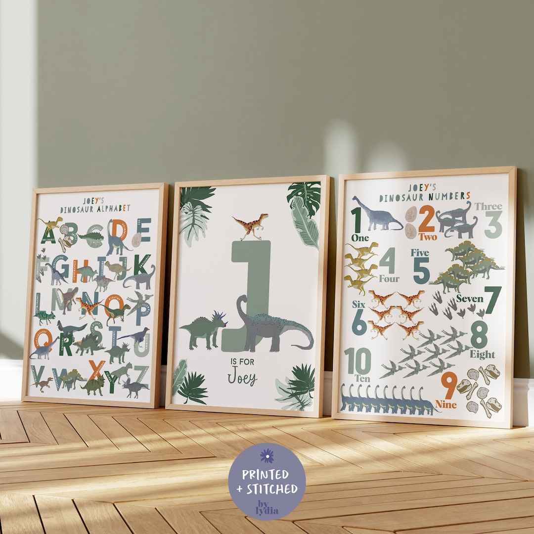 Personalised Dinosaur Alphabet, Numbers & Initial Set of 3 Prints Kids ...