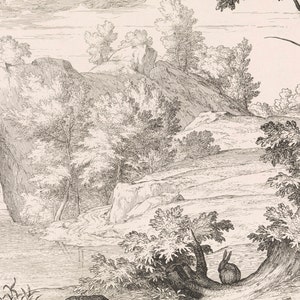 Printable Art | Vintage Bunny Rabbit Landscape Drawing | Neutral Easter ...