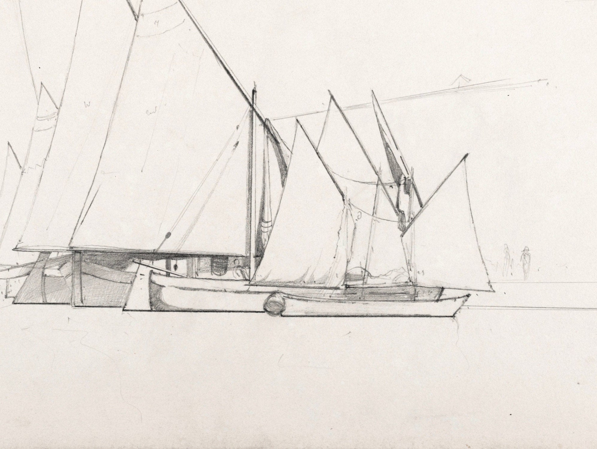 Printable Art | Vintage Sailboat Pencil Drawing | Harbor Ships ...