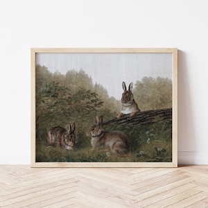 Printable Art | Vintage Bunny Rabbit Landscape Drawing | Easter Spring ...