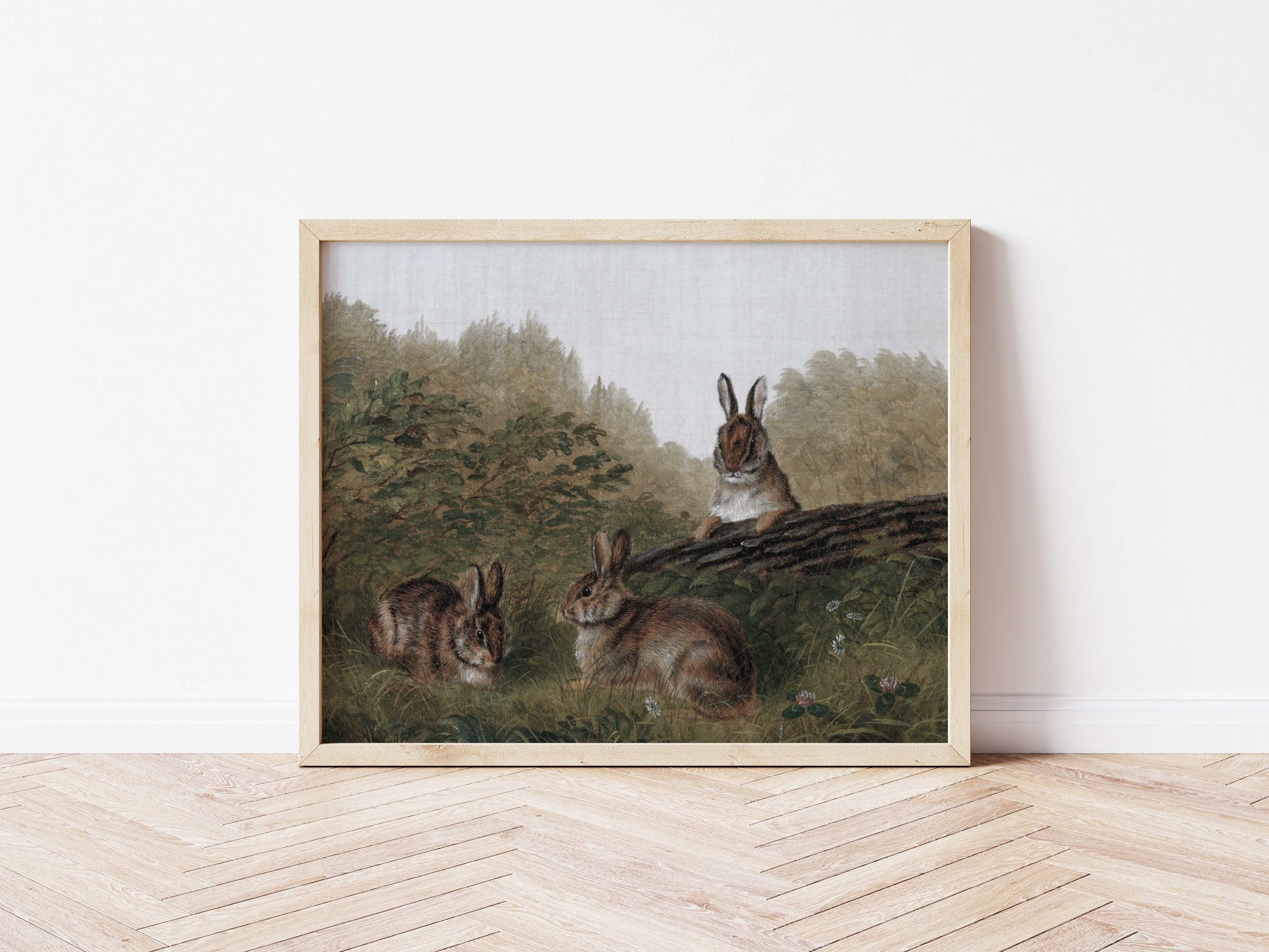 Printable Art | Vintage Bunny Rabbit Landscape Drawing | Easter Spring ...