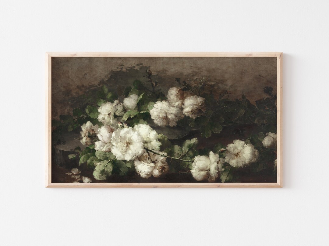 Samsung Frame TV Art File | Vintage Floral Oil Painting | White Roses ...