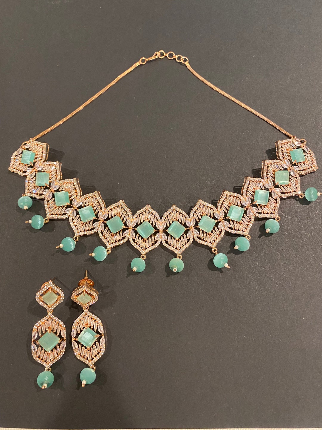 Sea Green Crystal Necklace Set - Etsy