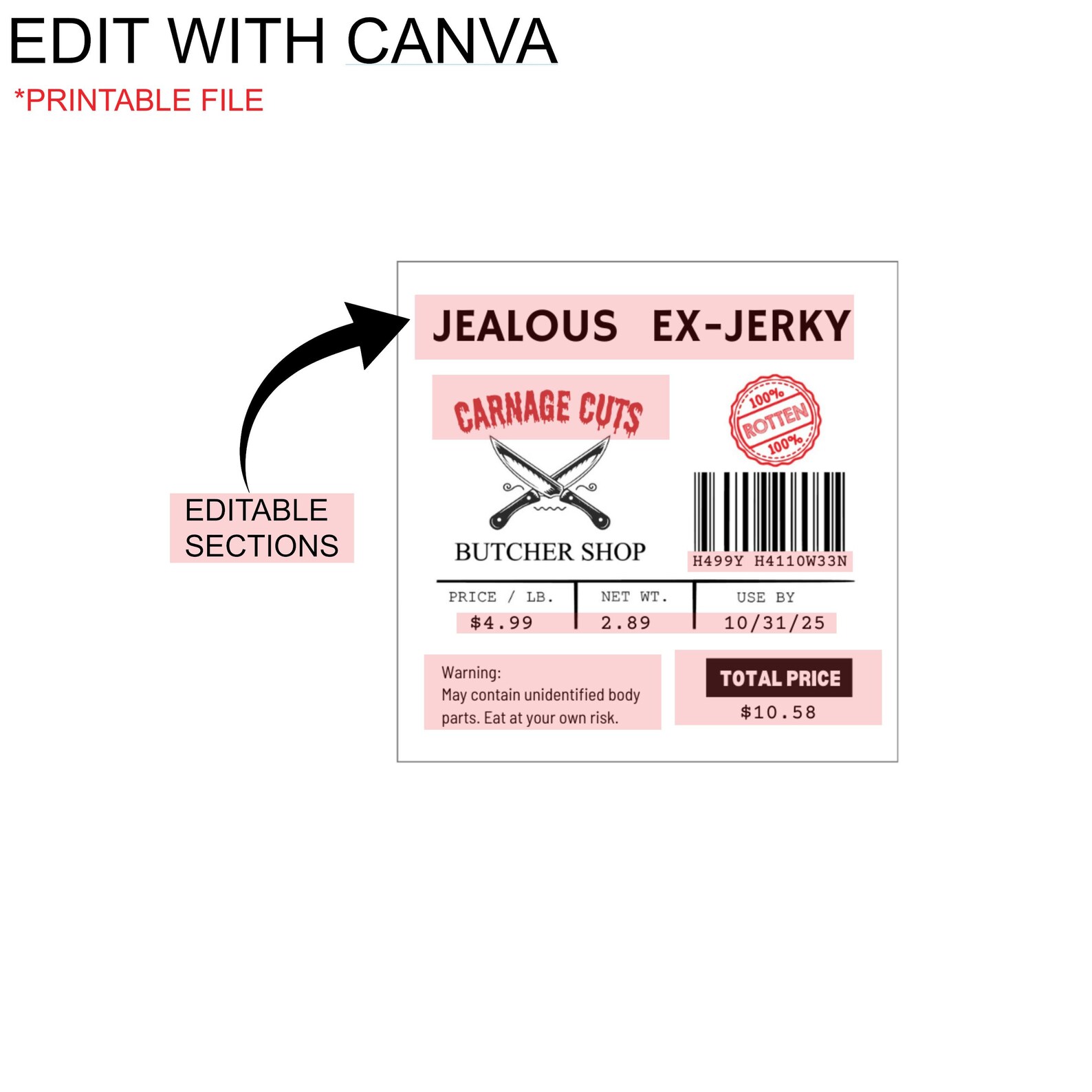 Fake Meat Labels, Butcher Meat Labels, Edtiable Butcher Labels, Funny ...