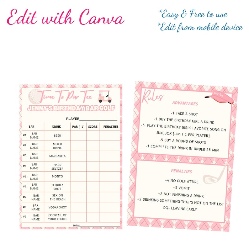 Bar Golf Scorecard Pub Golf Scorecard Editable Pub Golf Bar Crawl - Etsy