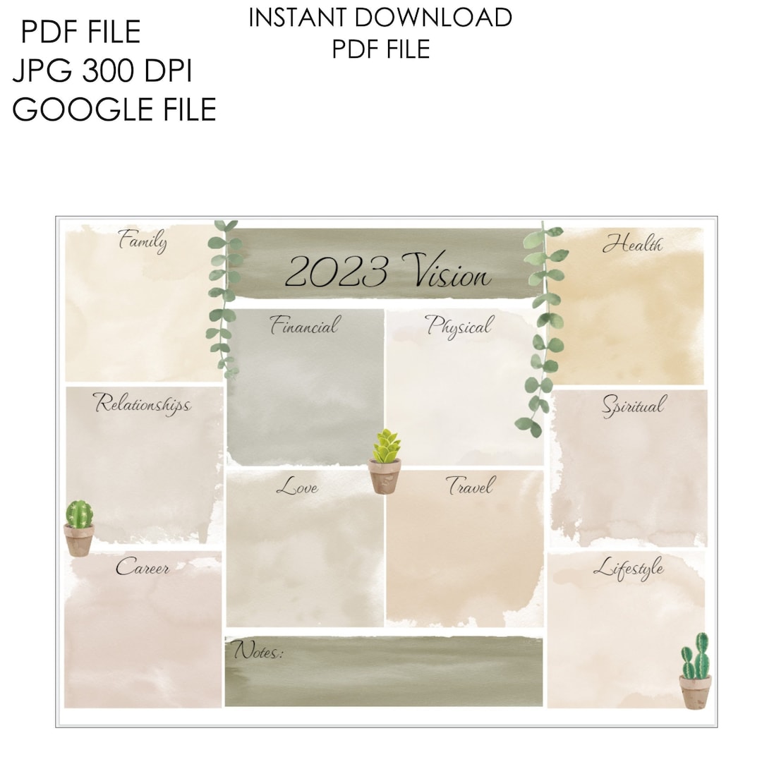 Vision Board 2023 Printable Template, New Year Personal Growth Mindset ...